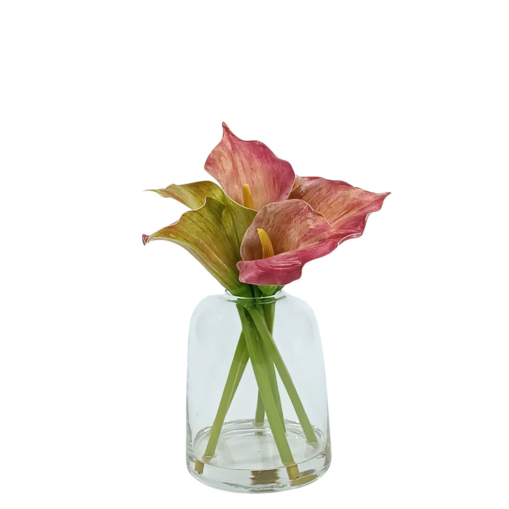 Arum Lily Pink Green Silk Flower Arrangement in Small Glass Vase ...