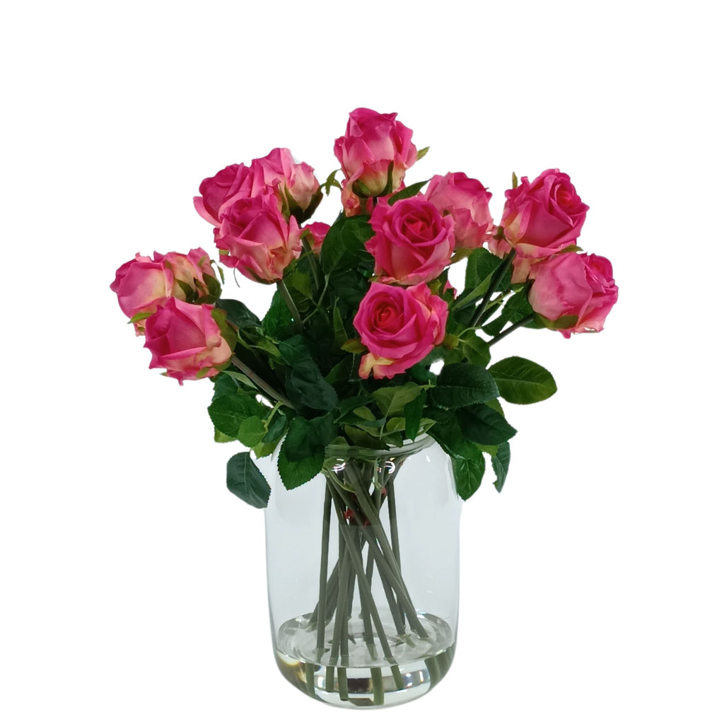 Roses Semi Open Silk Flower Arrangement in Helsinki Glass Vase ...